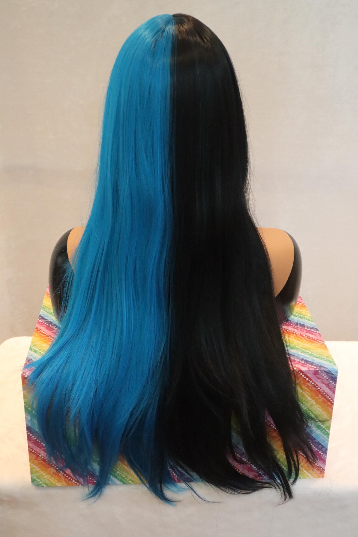 Half Neon Bright Blue & Half Jet Black Straight Wig With Half-colored ...