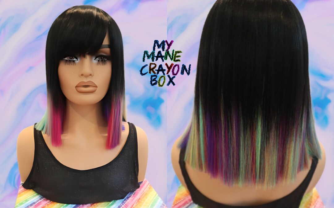Aurora Colored Highlighted Ombre Black Straight Hair Bob With Bangs Wig ...