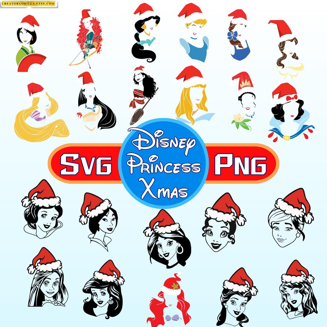 Cartoon Princess Christmas SVG PNG Bundle 44 Files, Princess Santa Hat ...
