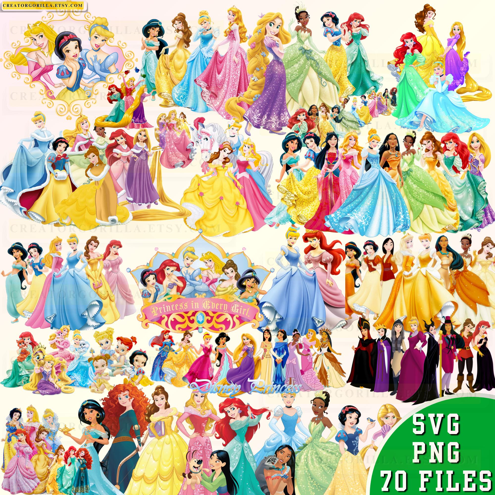 All Princesses Svg Png Bundle 70 Files, Cartoon Princess Silhouettes ...