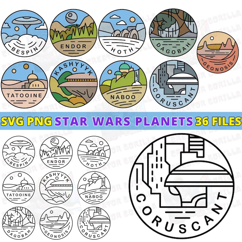 Star Wars Planets Svg Png Bundle Colorful and Outlines 36 Files,star ...
