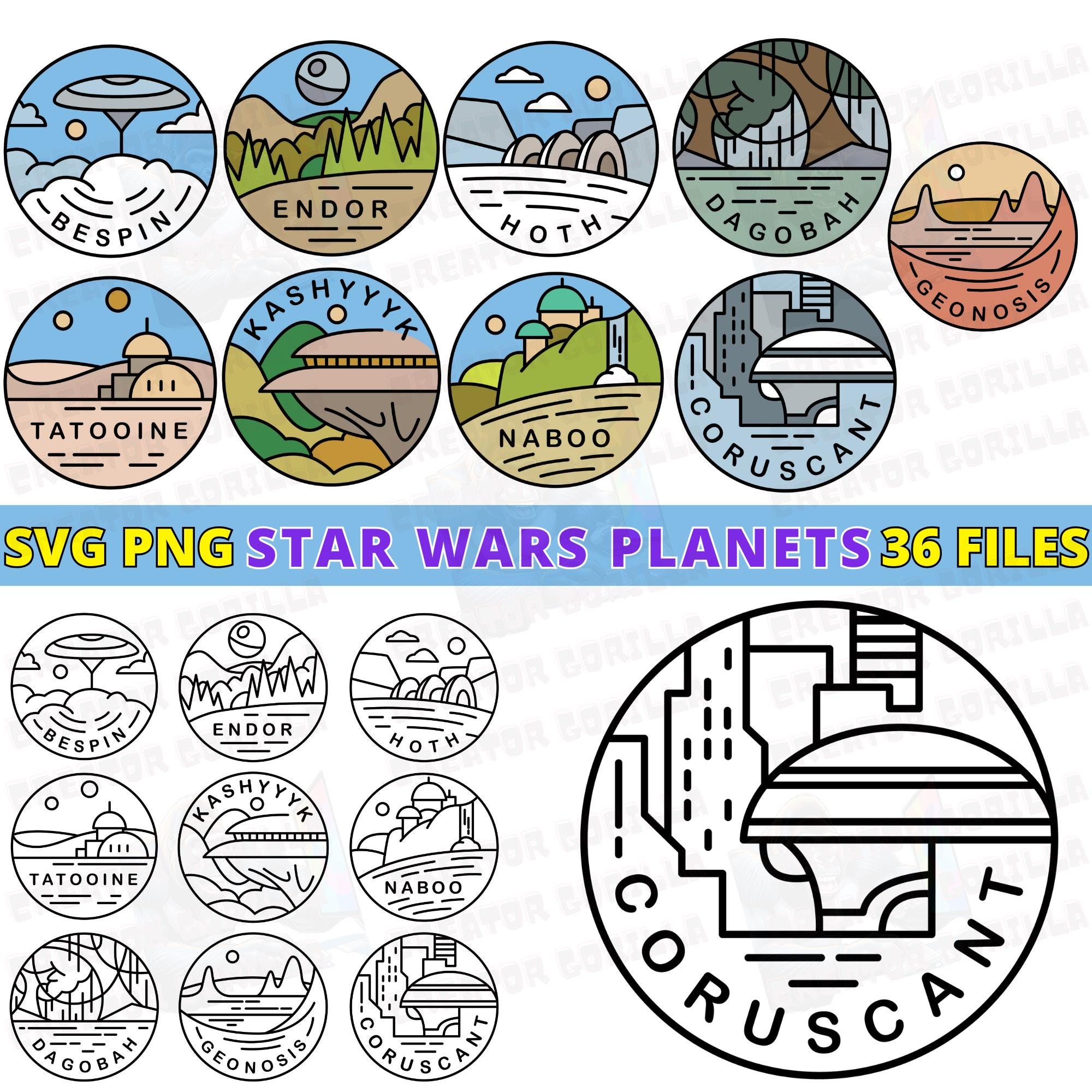 Star Wars Planets Svg Png Bundle Colorful and Outlines 36 Files,star ...