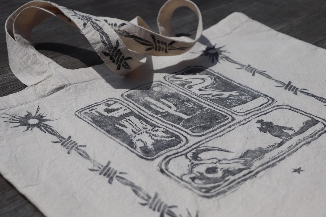 Cowpoke - Shootout, Rustic Style Hand Printed Western Tote Bag in Black ...