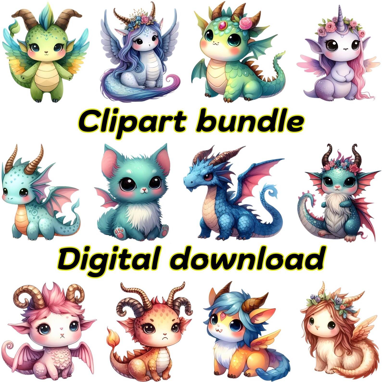 Mythical Creatures Watercolor Clipart Bundle,36 PNG Mythical Images ...