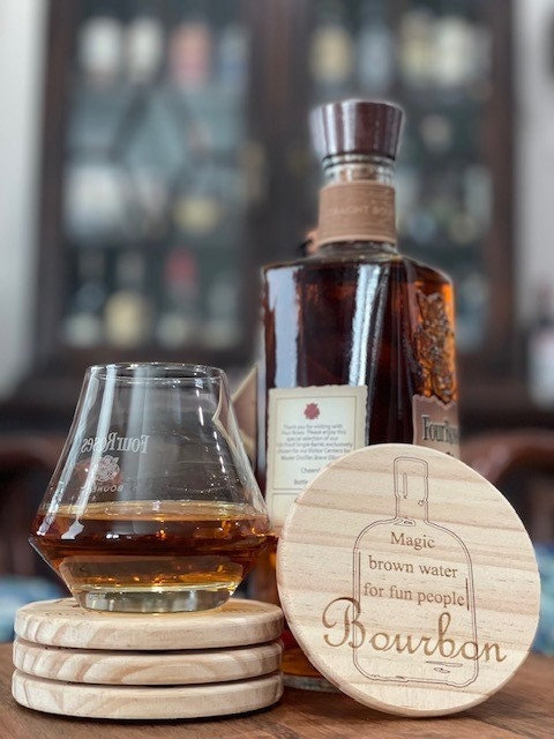 Bourbon Themed Wooden Coasters Set of 4 - Handcrafted Engraved Whiskey ...