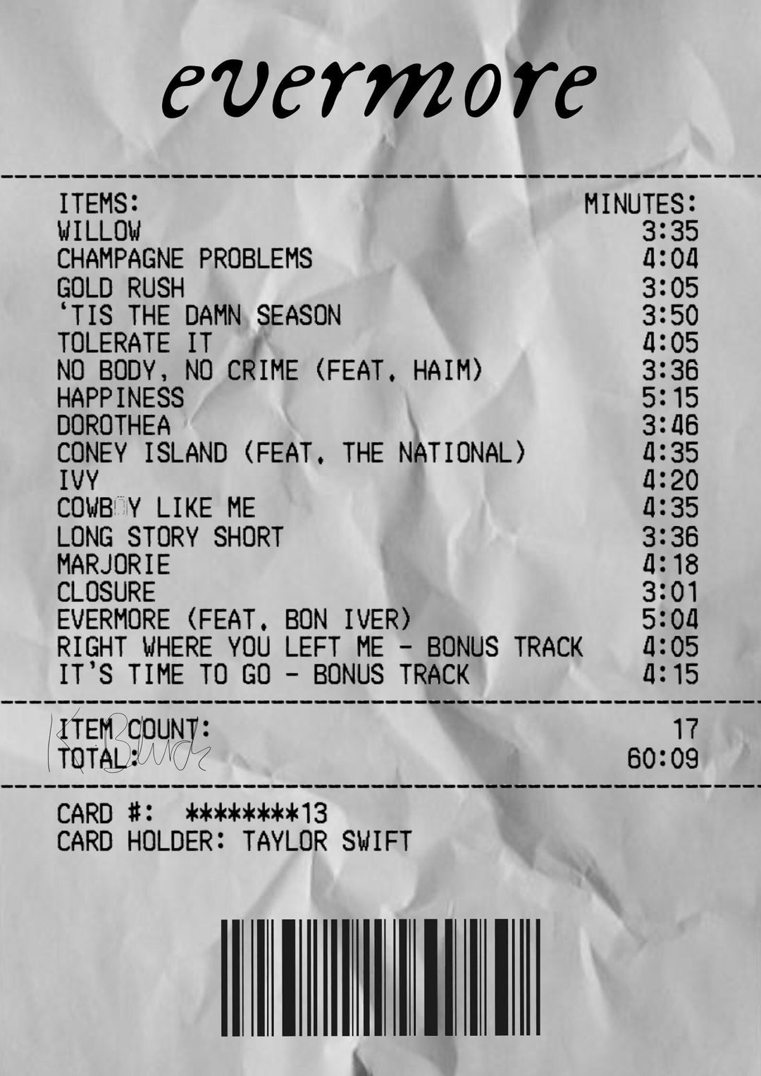 Evermore Receipt Taylor Swift Digital Print - Etsy