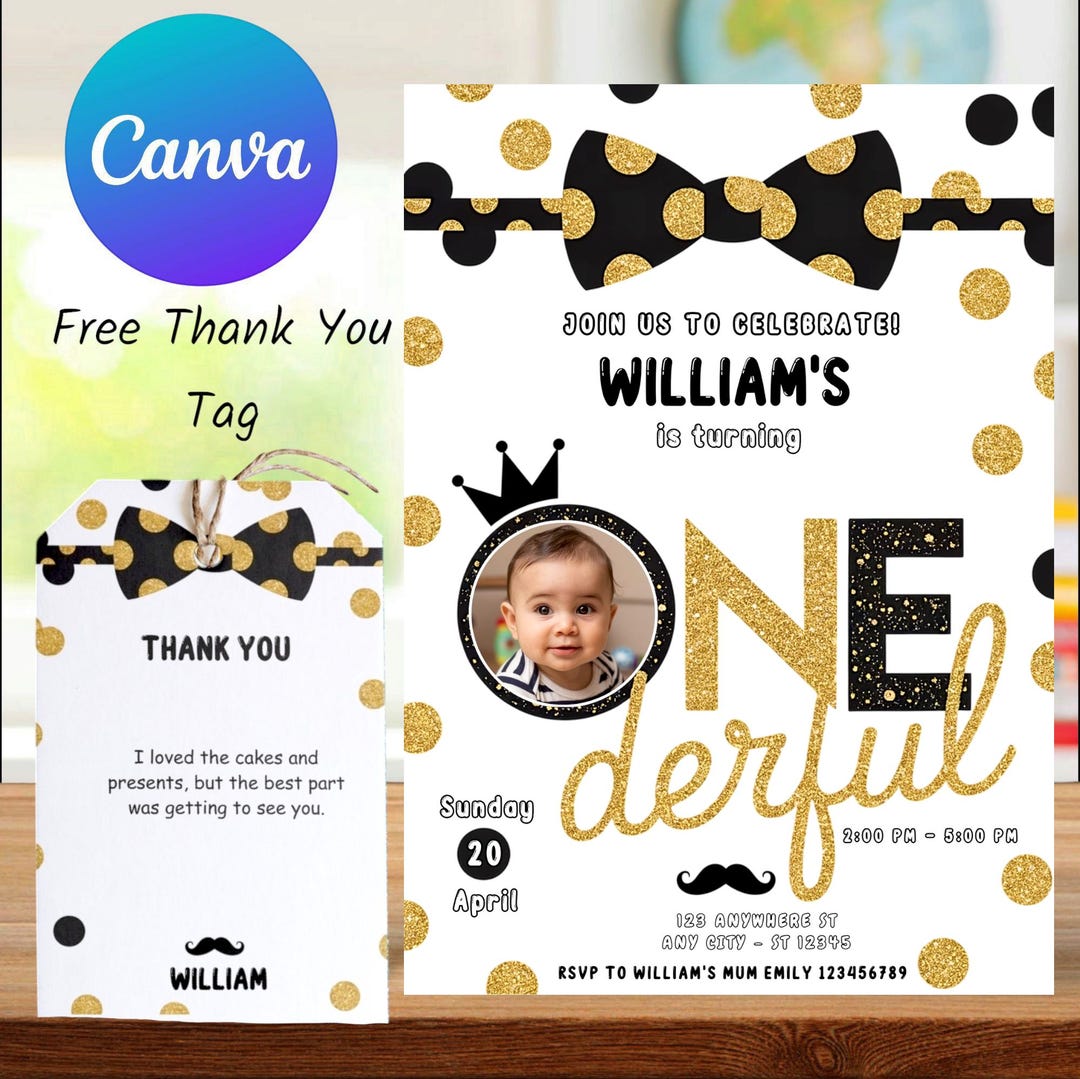 One-derful 1st Birthday Invitation, Black and Gold Theme, Boys Birthday ...
