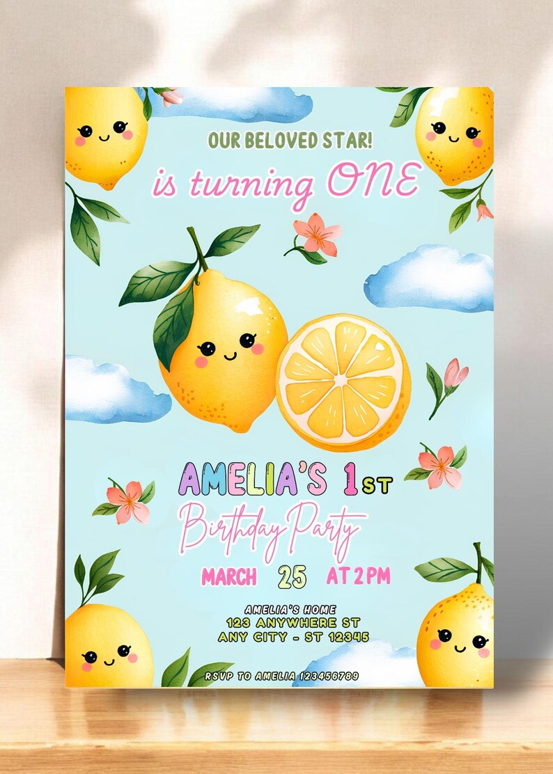 Lemon Themed 1st Birthday Invitation, Fresh Citrus Party, Girls ...