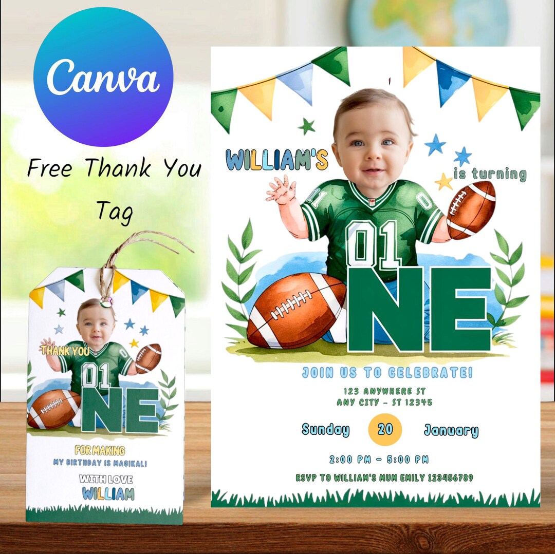 Rugby-themed 1st Birthday Invitation, Rugby Party Card, Customizable ...