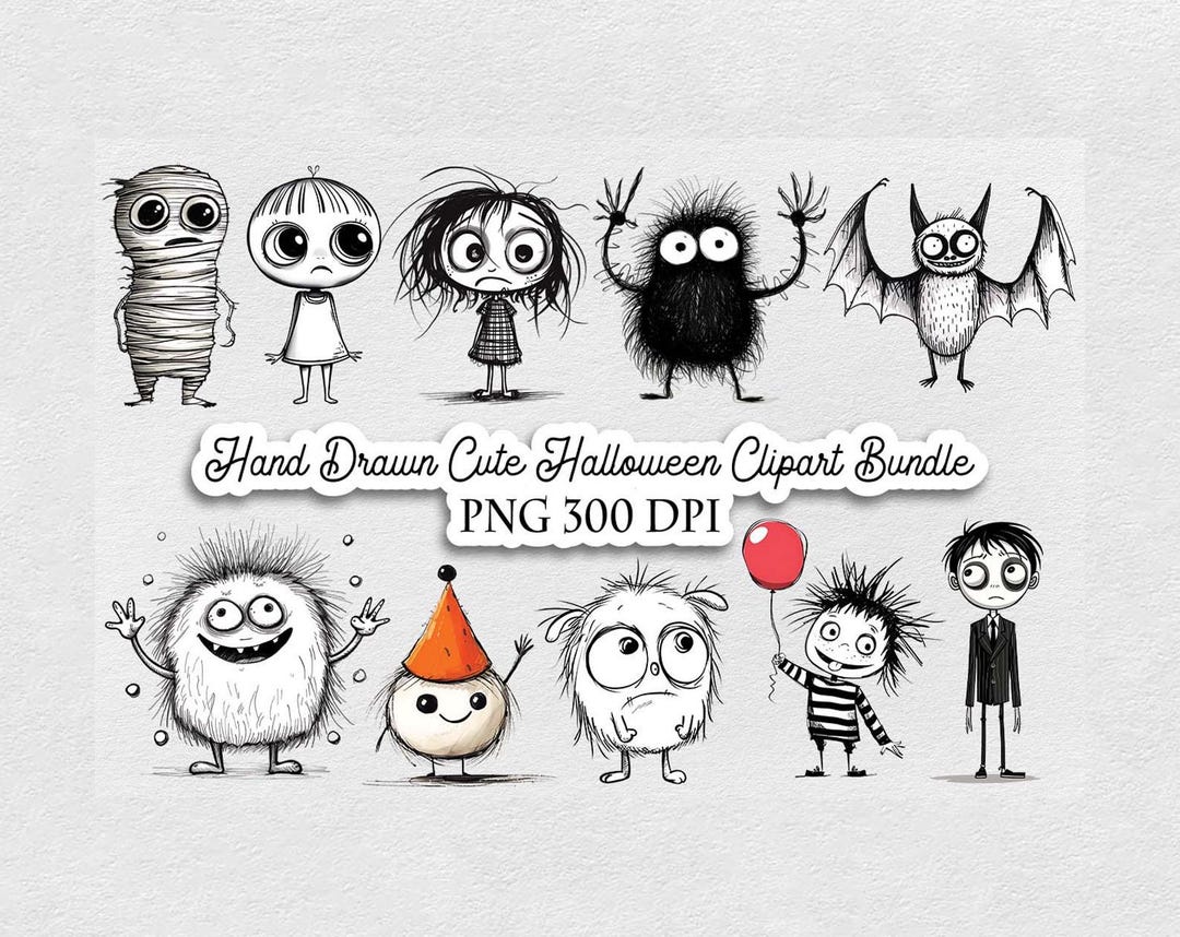 Hand Drawn Cute Halloween Clipart Bundle Png, Halloween Png, Digital ...