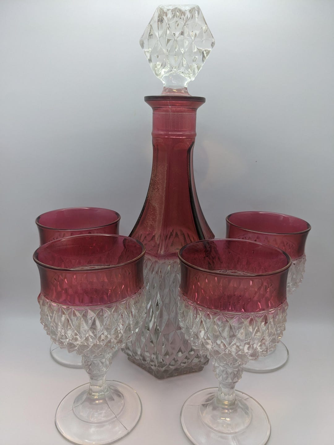 Vintage Indiana Glass Ruby Red Crystal Art Glass Decanter Set With 4 ...