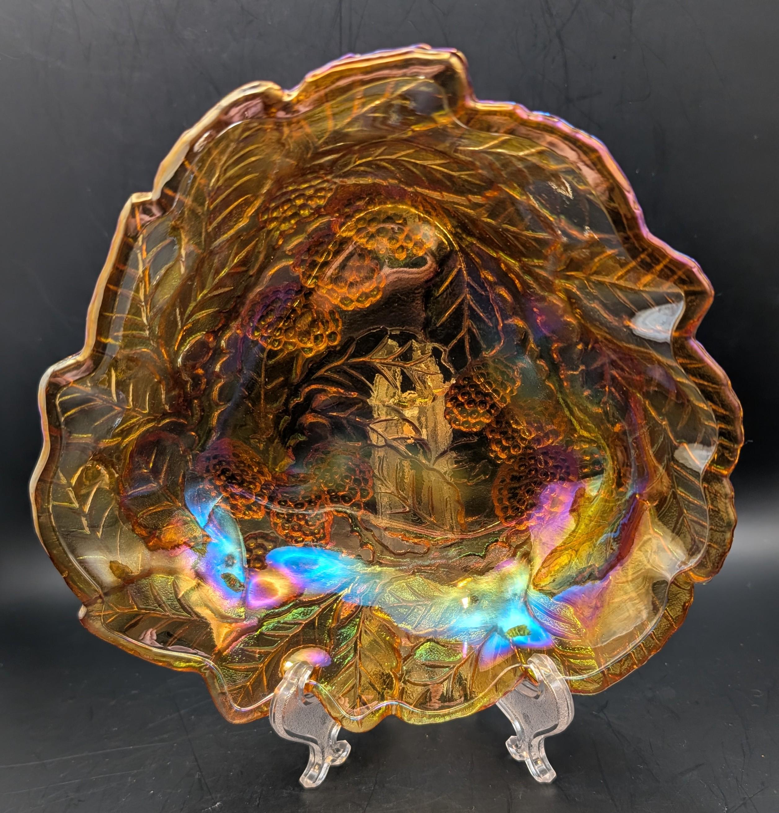 Vintage 70s Marigold Indiana Carnival Glass Iridescent Grapes & Leaves ...