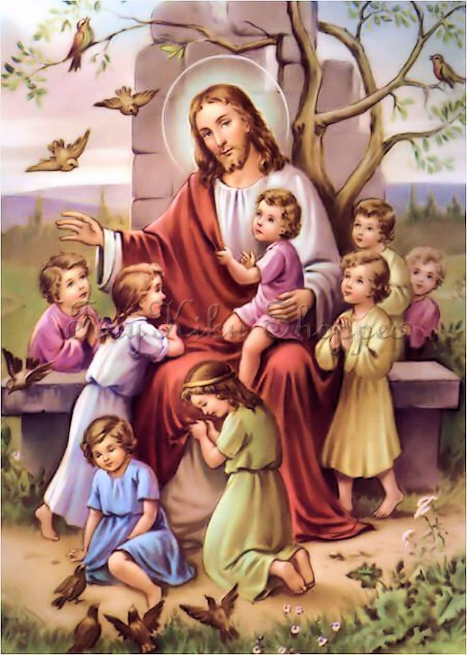 JESUS with CHILDREN Vintage 292. Art Print Fabric Block | Etsy