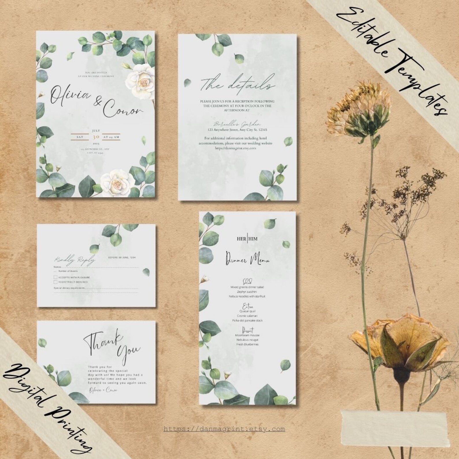Editable Watercolor Wedding Dinner Menu Template Package. - Etsy