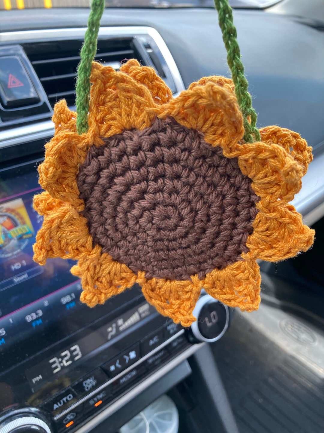 Crocheted Sunflower Car Air Freshener Holder: Rearview Mirror Accessory ...