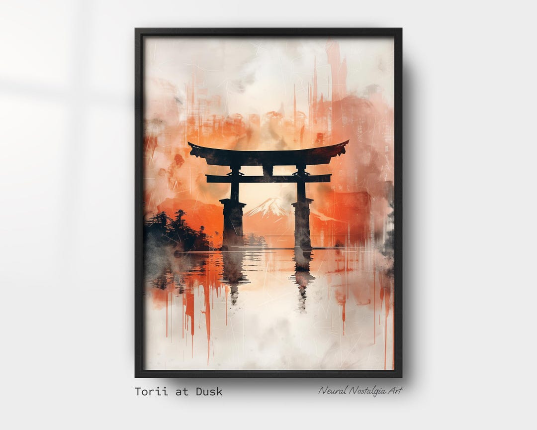 Japanese Torii Gate Digital Painting, Sunset Landscape Wall Art, Asian ...