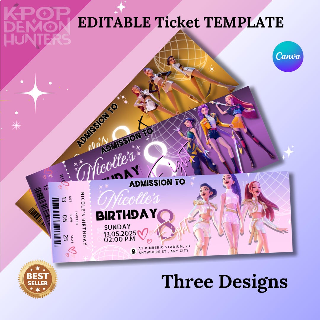 Kpop Demon Hunter Birthday Invitation, Concert Pass Ticket Template ...