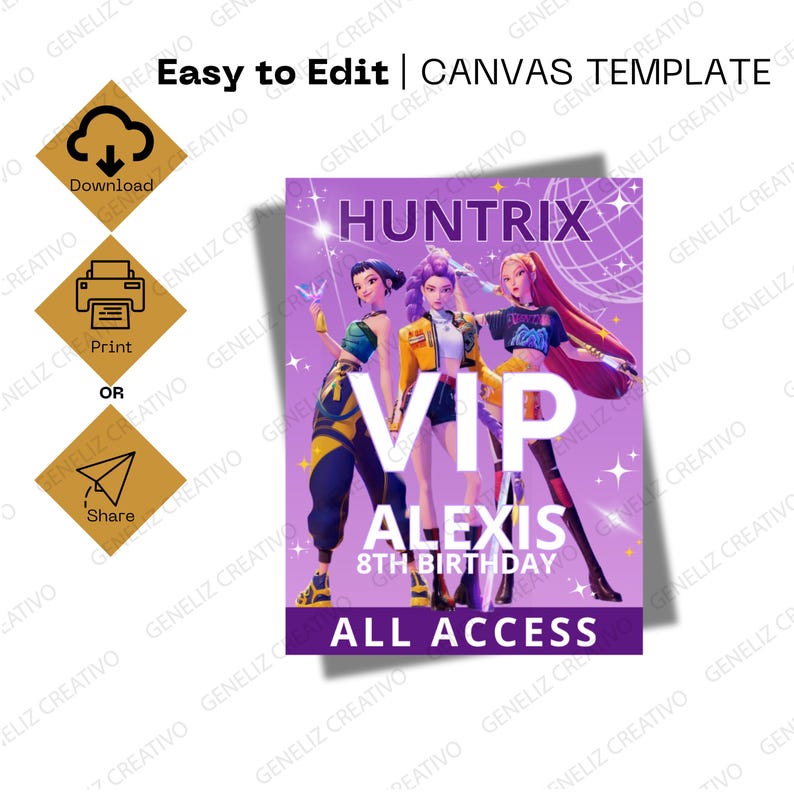 Kpop Demon Hunters Kit VIP Party Pass & Cupcake Toppers | Editable ...