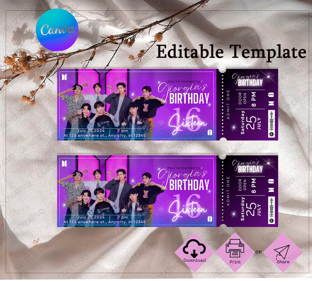 Become an ARMY VIP With BTS Ticket Style Invitations, Editable in Canva ...