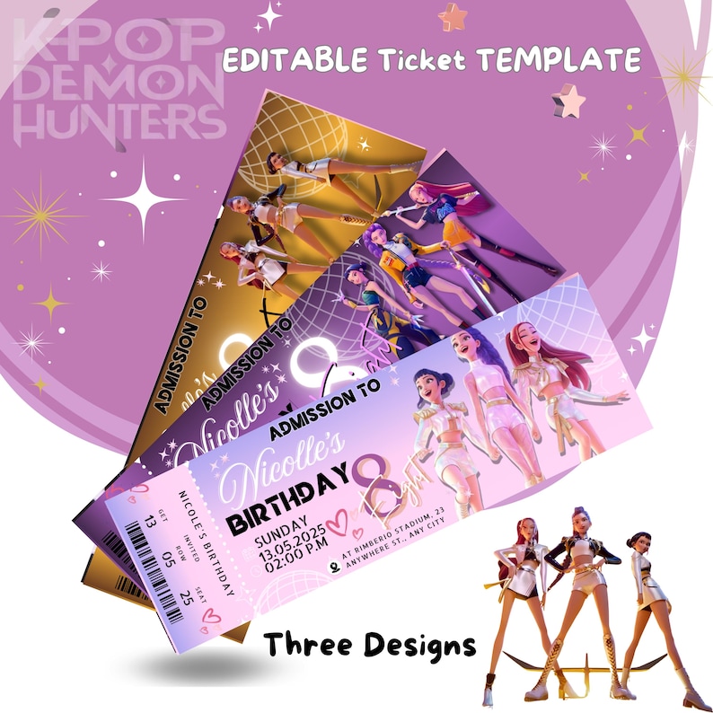 K-pop Demon Hunter Birthday Invitation | 3 Editable Ticket Designs ...