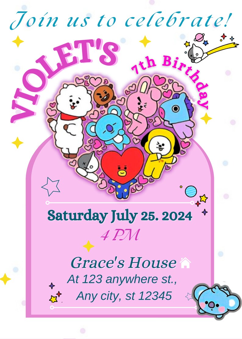 Customizable BT21 Canva Invitations, Easily Personalize, Edit, Send by ...