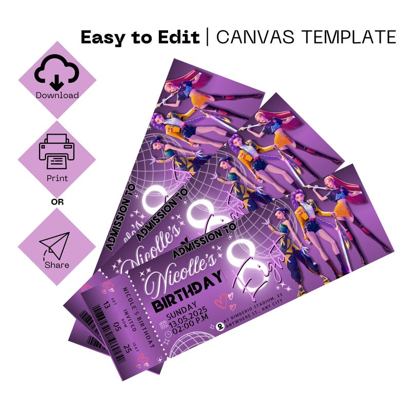 K-pop Demon Hunter Birthday Invitation | 3 Editable Ticket Designs ...