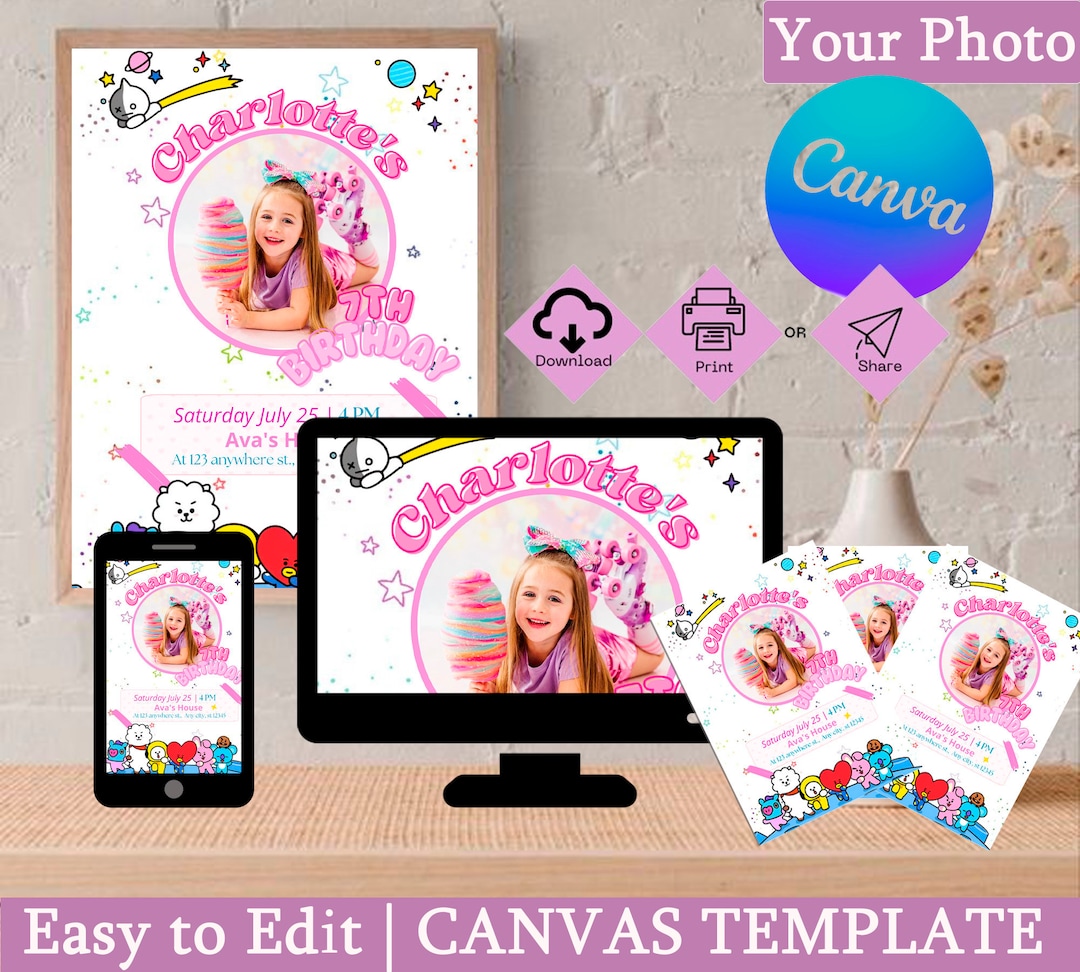 BT21 Birthday Invitation | BTS Kids Party Invite | Editable Digital ...