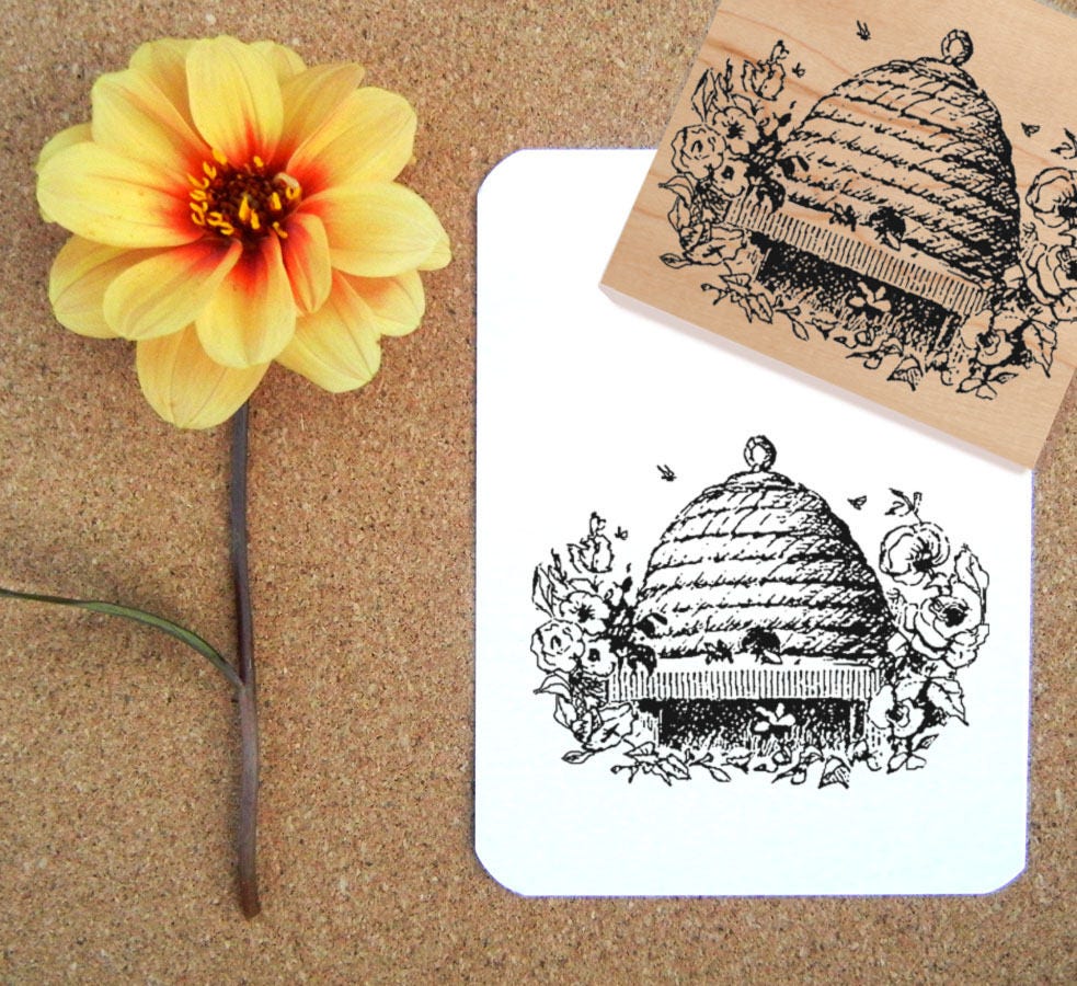 Bee Hive Rubber Stamp, Antique Bee Skep Stamp, Honey Label Stamp, Gift ...