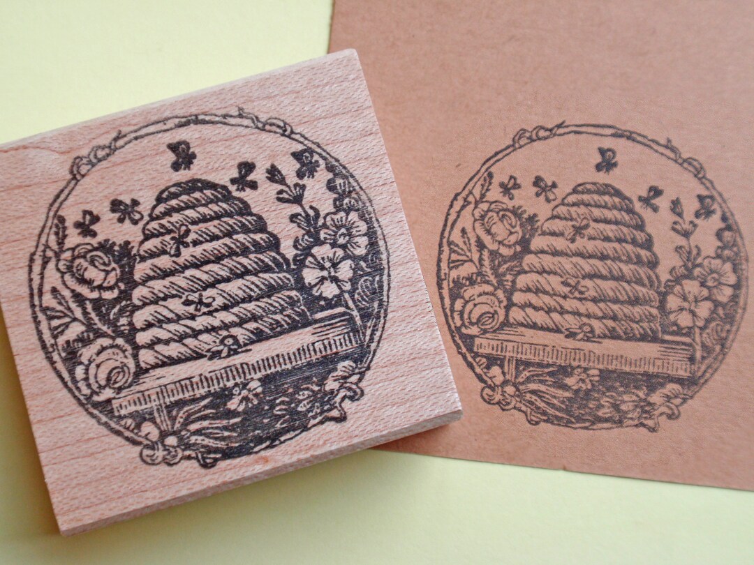 New Round Bee Hive Rubber Stamp, Antique Bee Skep, Round Honey Label ...