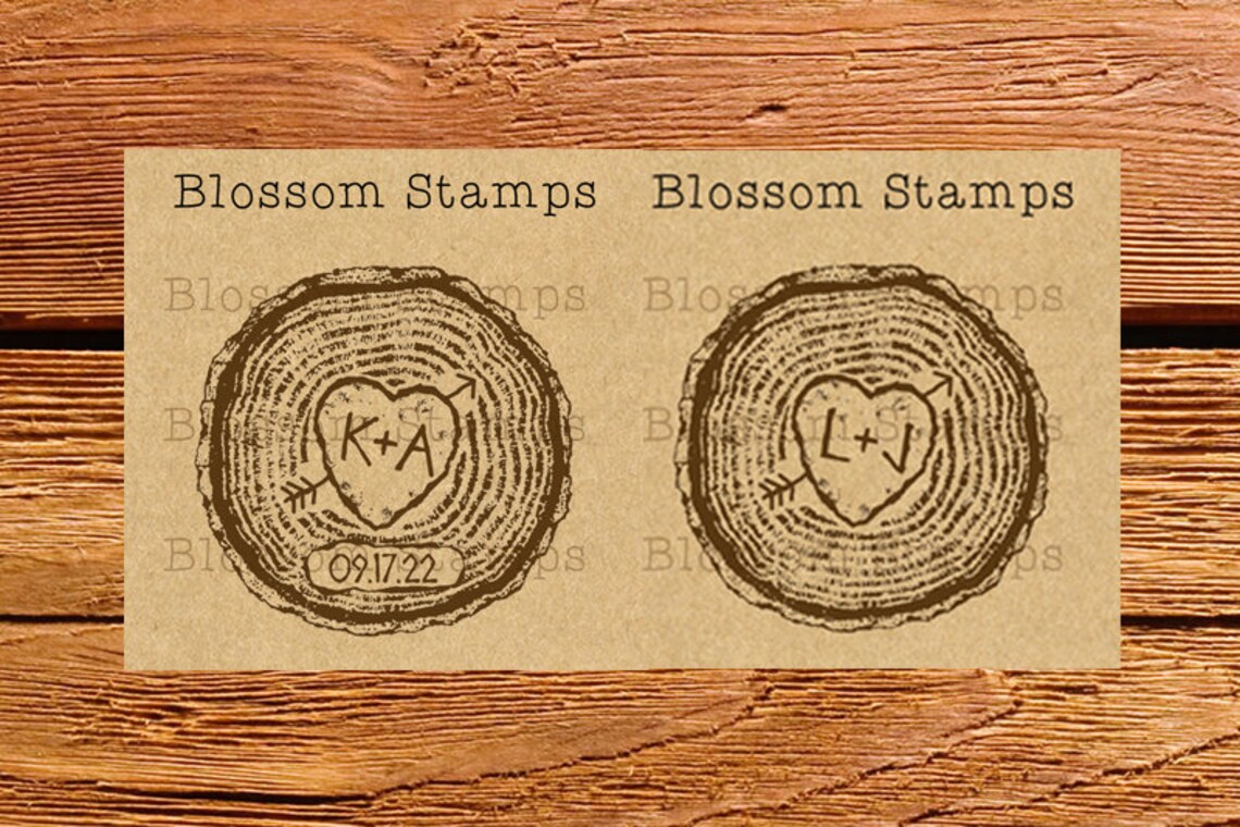 Custom Tree Rings With Heart and Initials Rubber Stamp, Rustic Wedding ...