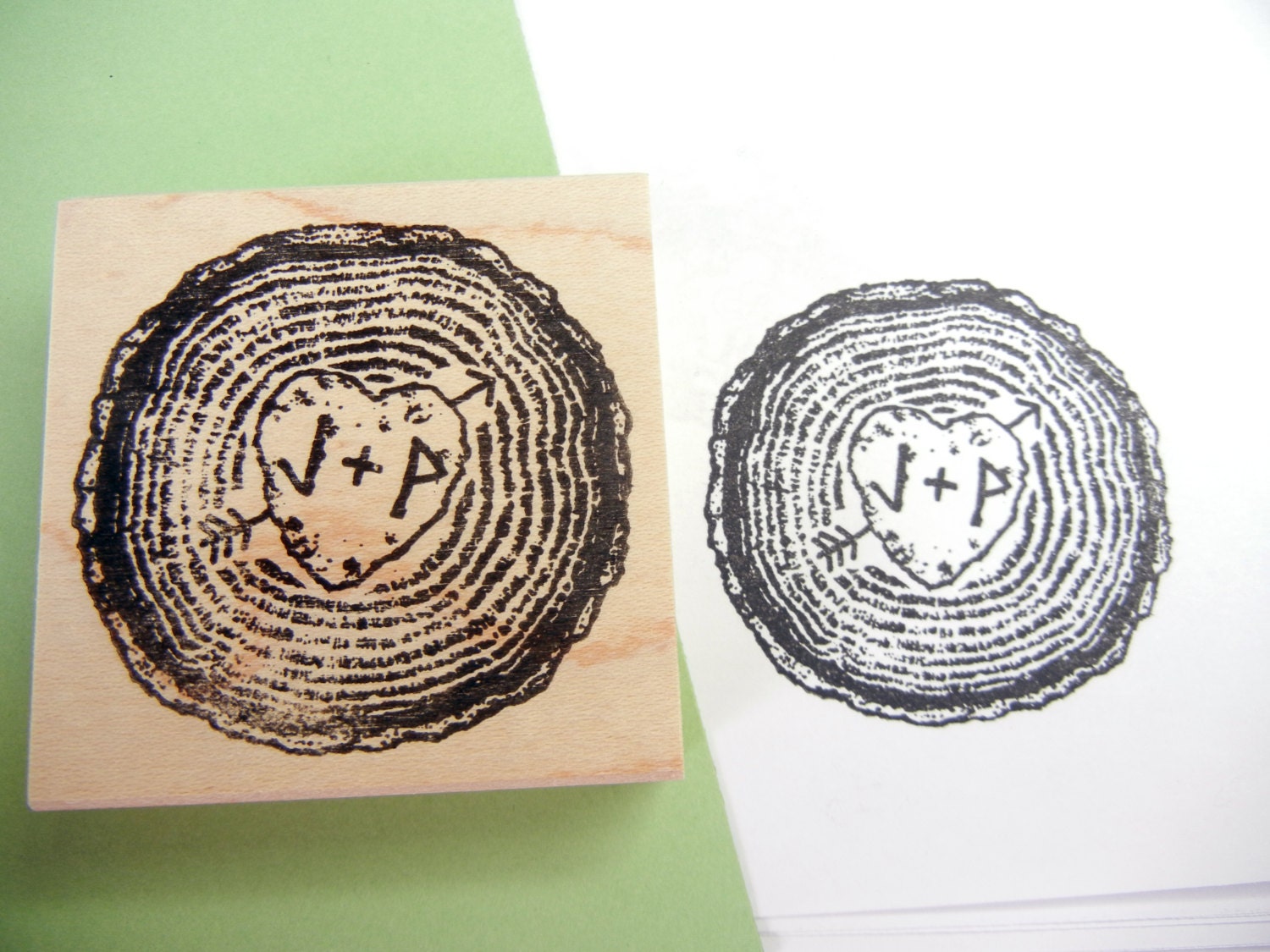 Custom Tree Rings With Heart and Initials Rubber Stamp, Rustic Wedding ...