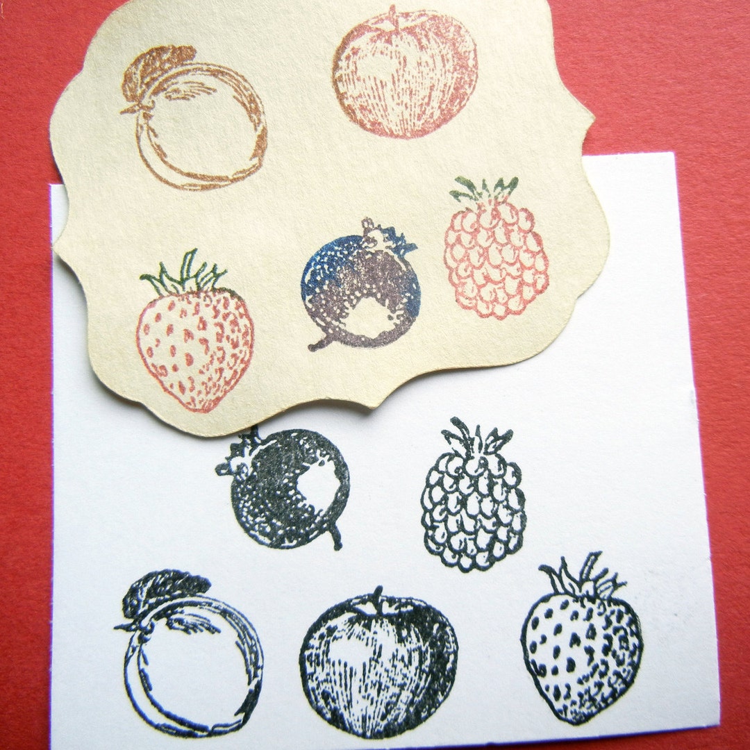 Mini Fruit Rubber Stamp Set of 5, Tiny Strawberry, Raspberry, Apple ...