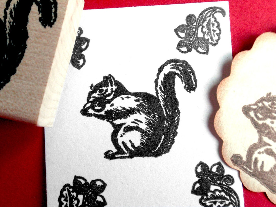 Squirrel Rubber Stamp, Squirrel Profile With Acorn Rubber Stamp, Forest Animal Stamp - Handmade ...