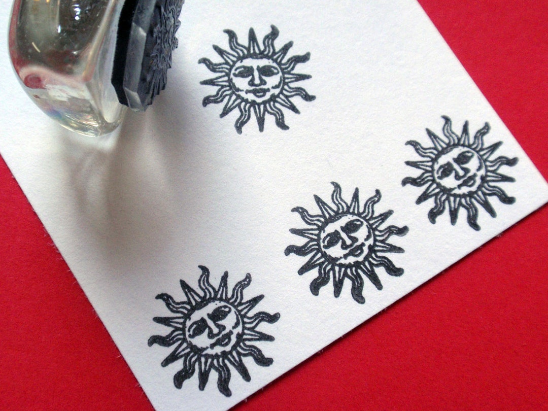 Mini Smiling Sun Rubber Stamp 16mm, Tiny Solar Sun Stamp, Moon With Cap ...