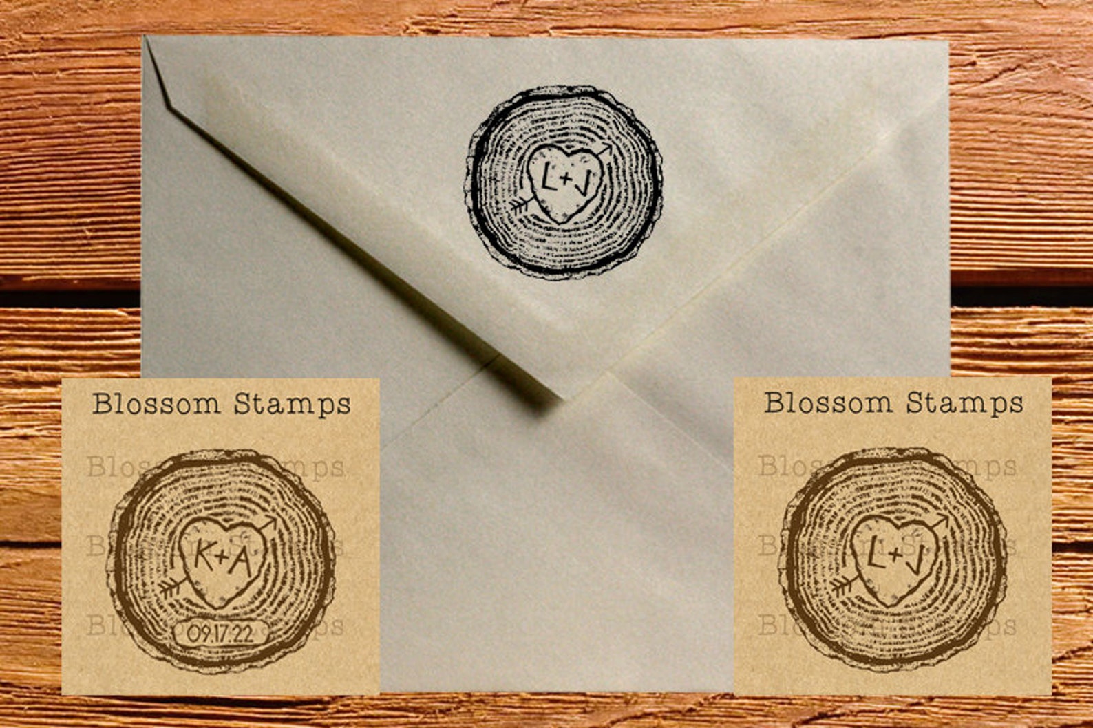 Custom Tree Rings With Heart and Initials Rubber Stamp, Rustic Wedding ...