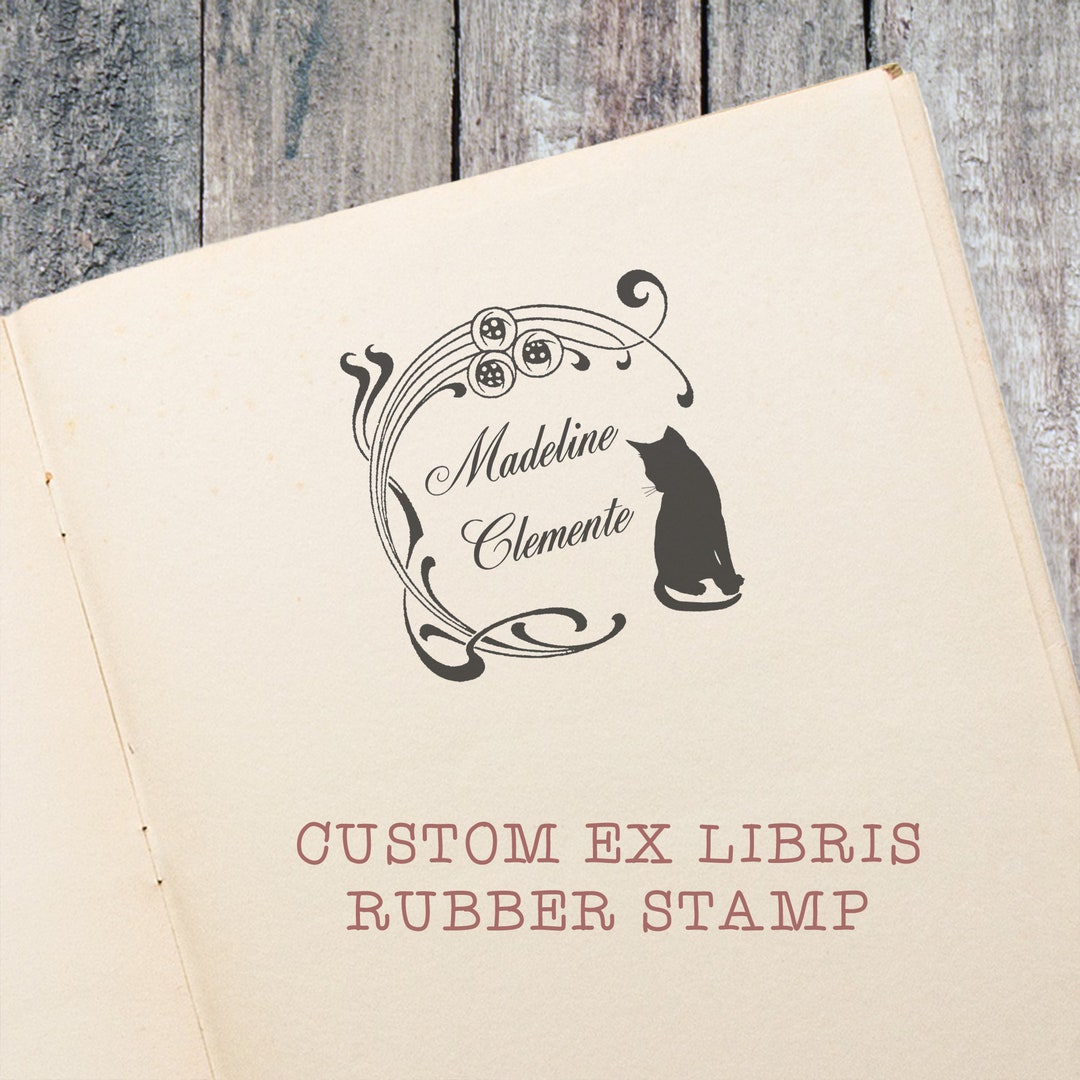 Art Nouveau Cat Ex Libris Stamp, Black Cat Book Stamp, Gift for Cat ...