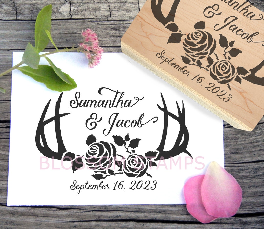 Custom Antler With Roses Save the Date Wedding Rubber Stamp, Woodland ...