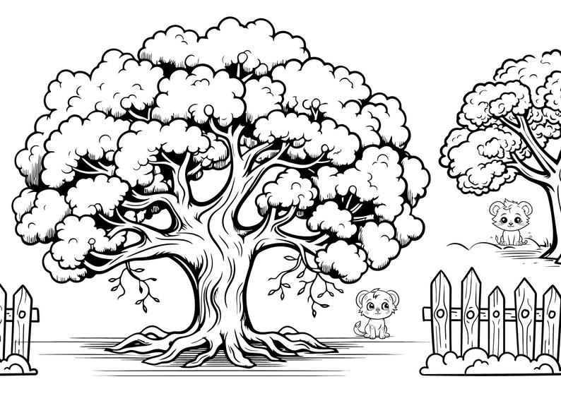 Coloring Page Theme Trees and Cats - Etsy