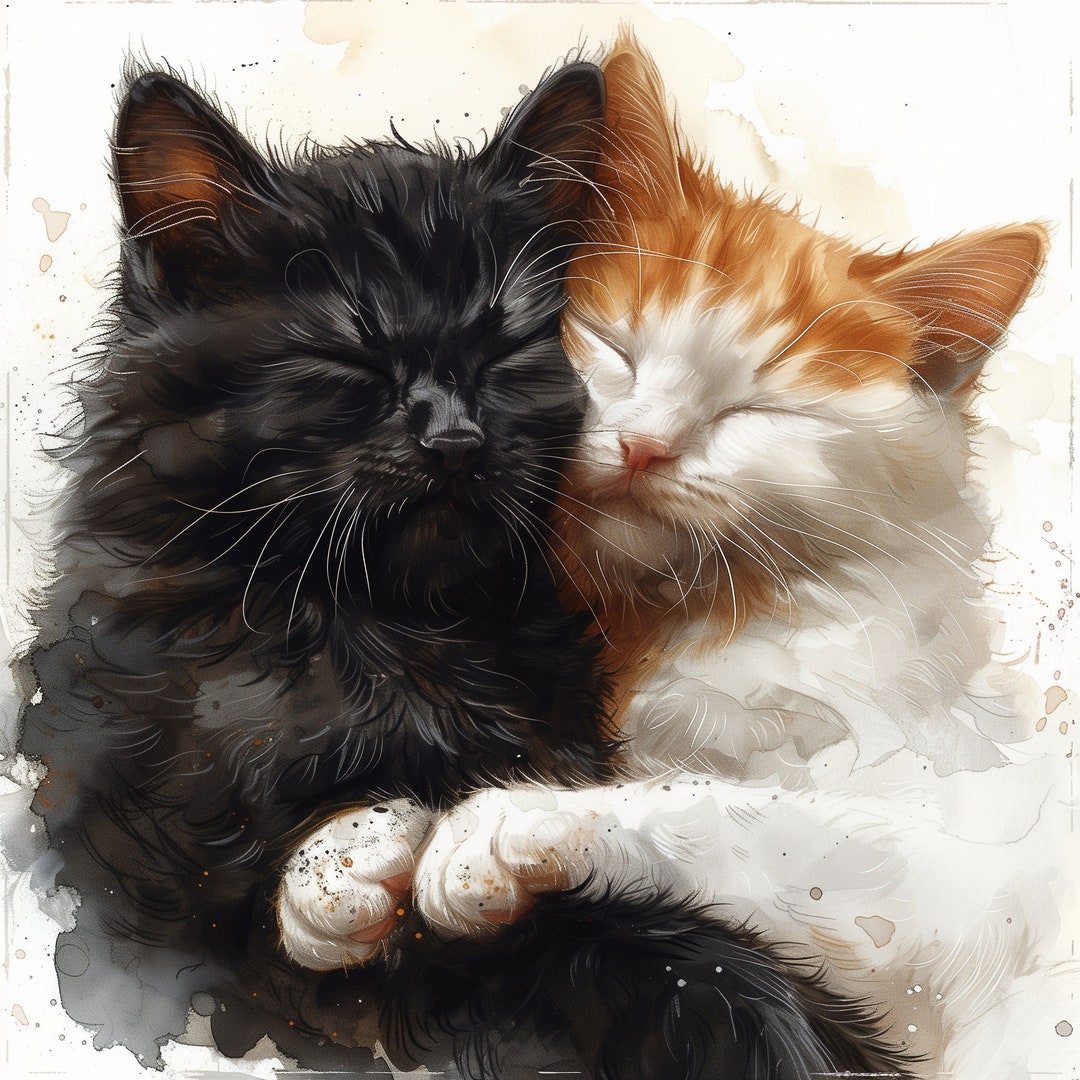 Cat Cuddles Art Print, Modern Black and Orange Tabby Watercolor Poster, Housewarming Gift for ...