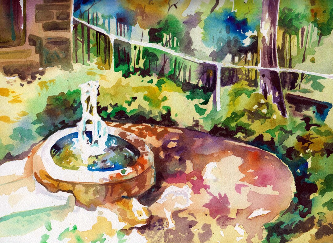 Watercolor and Ink Painting of a Water Feature at Longwood Gardens ...