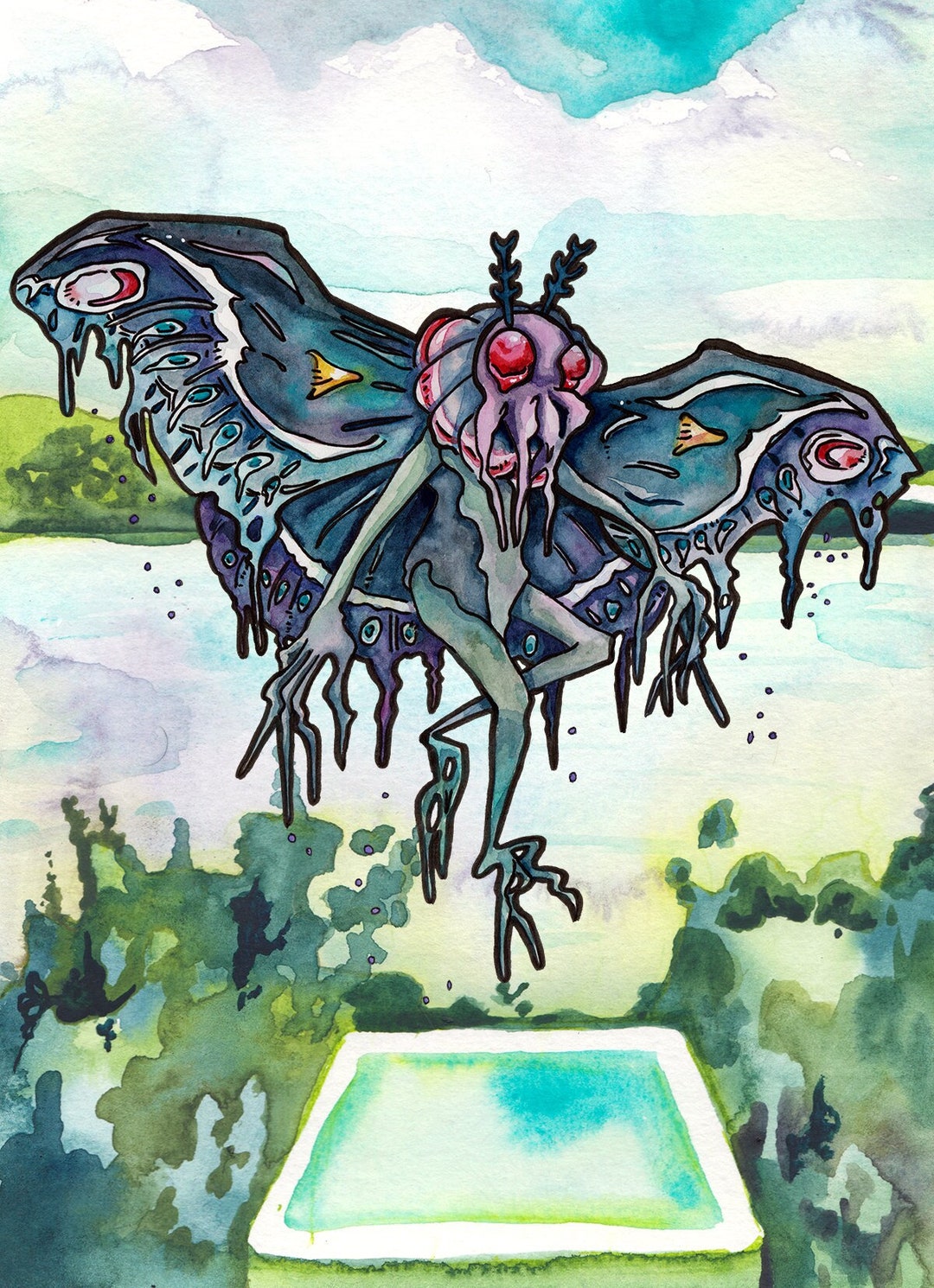 Mothman Cryptid Art Print - Watercolor Moth Man Wall Decoration - Reproduction of Watercolor and ...