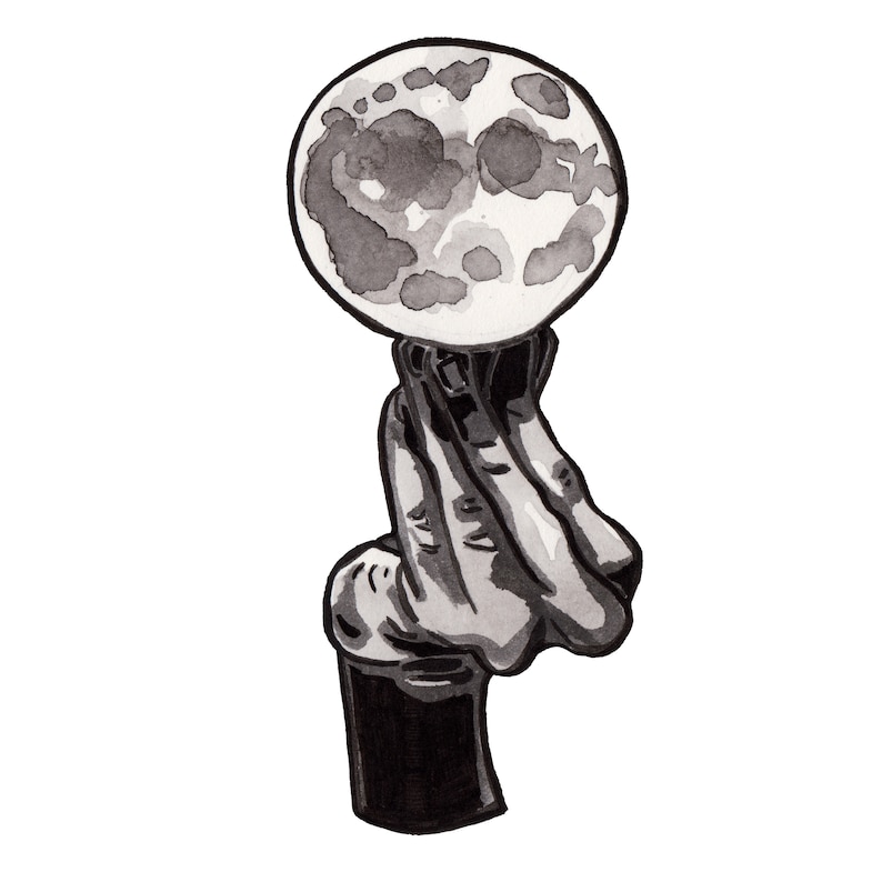 Hand Holding Moon Art Print - Ink Drawing Reproduction of Moon ...