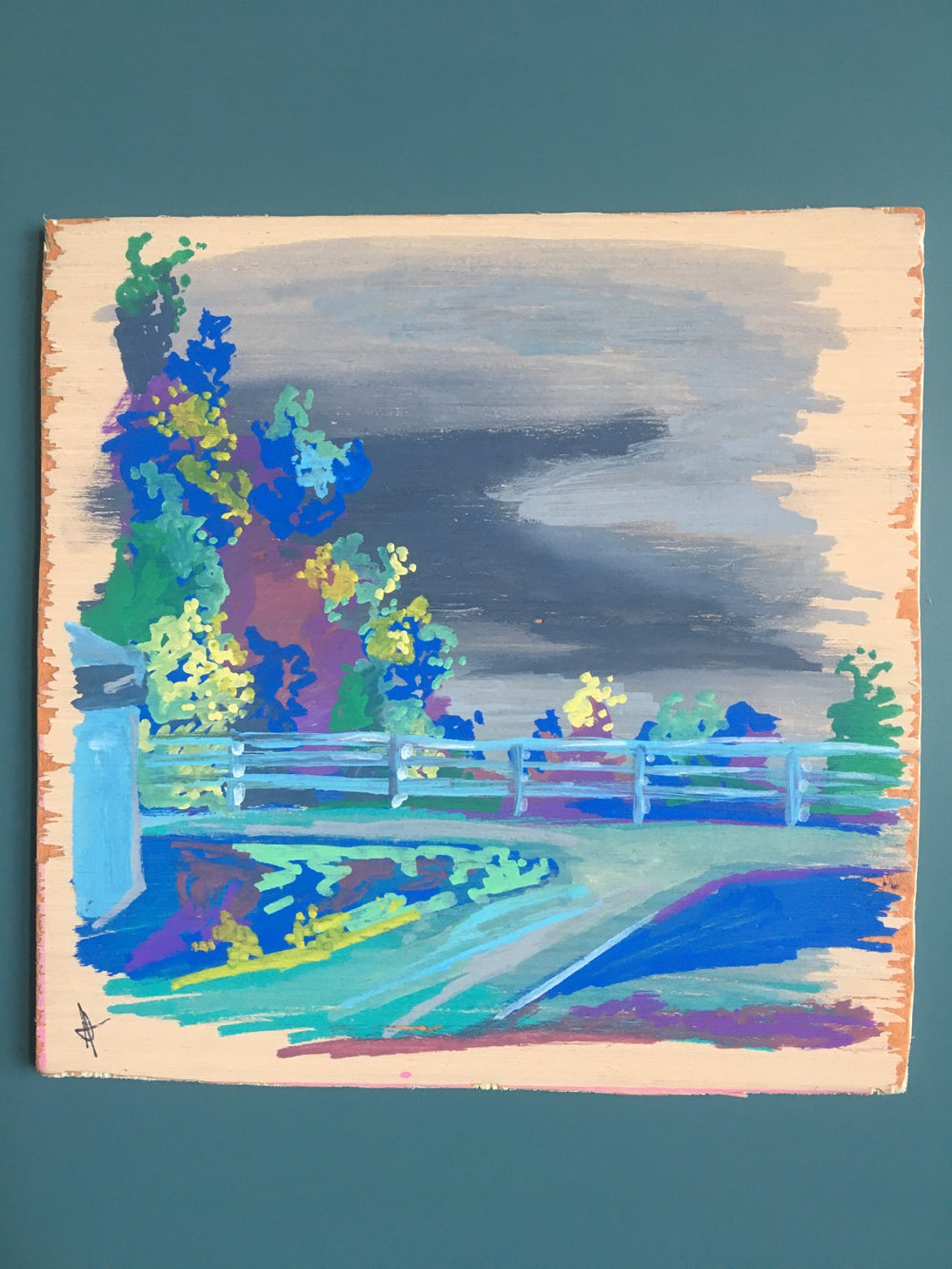 Overcast Painting on Wood - Original Art of Overcast Landscape - Grey ...