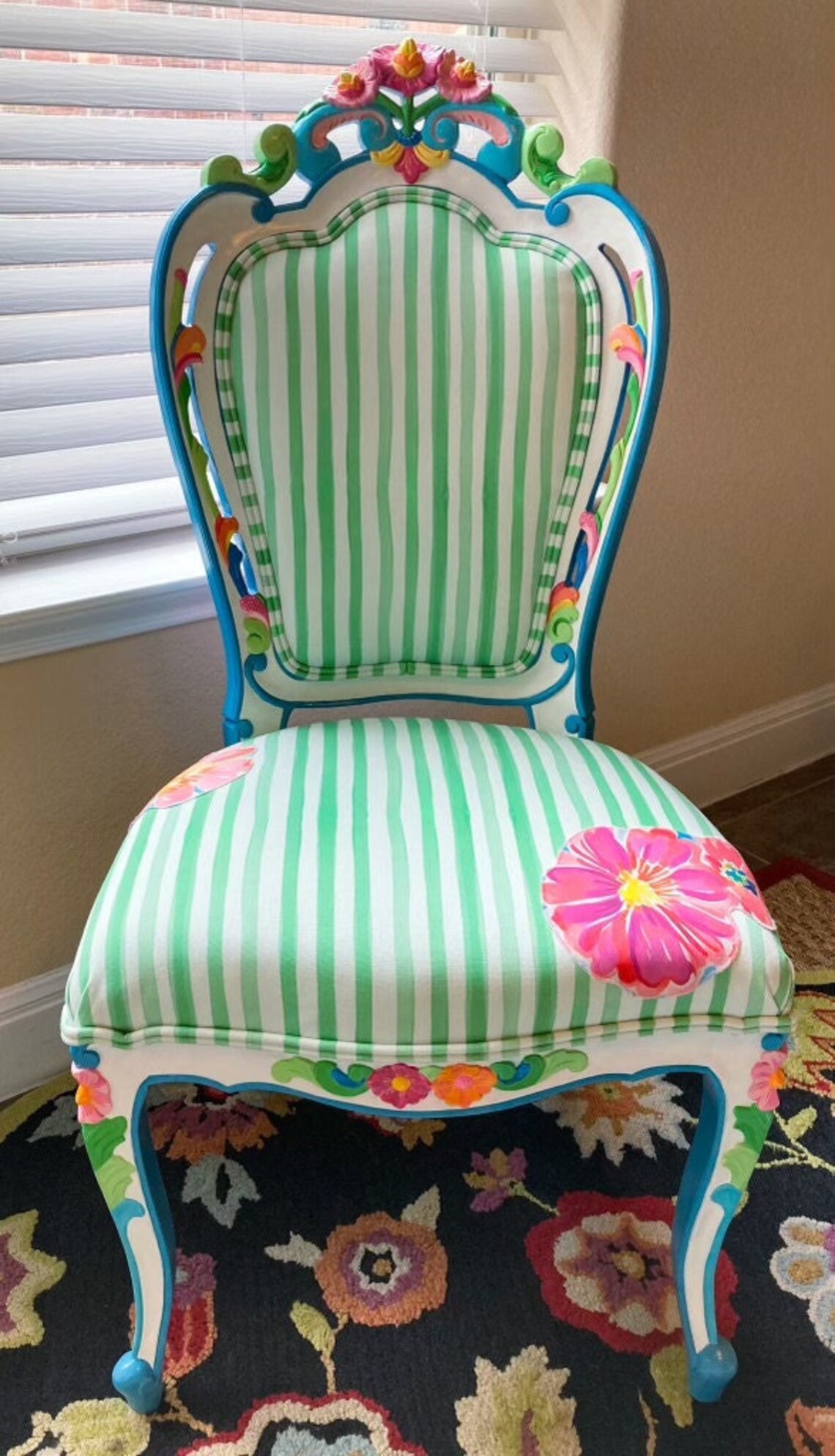 Bloom Chair Upholstered Handpainted Side Chair With Floral and Striped ...