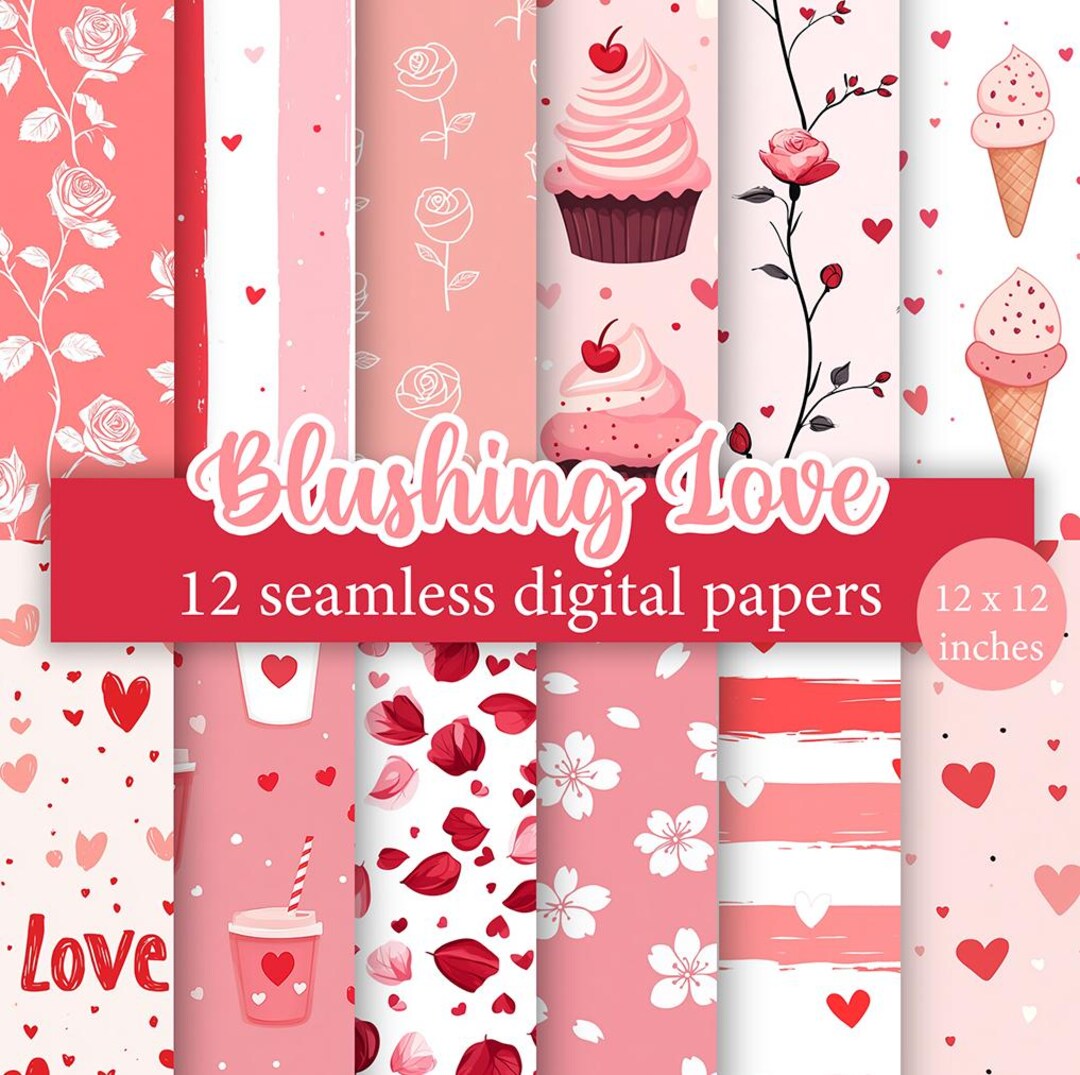 Blushing Love - 12 Seamless Digital Paper Pack, Pink & Red Heart ...