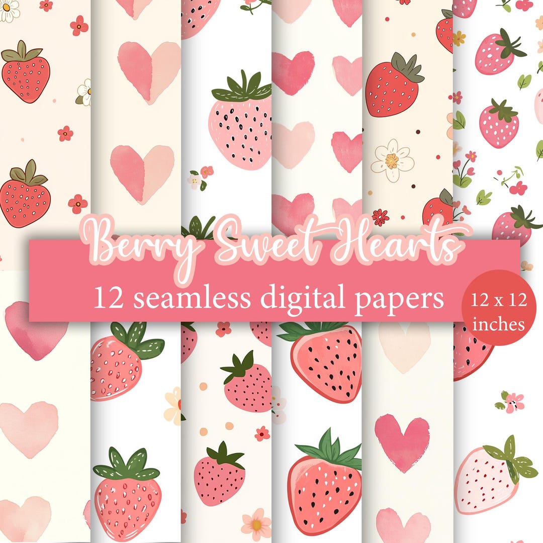 Berry Sweet Hearts - 12 Seamless Digital Paper, Strawberry & Hearts ...