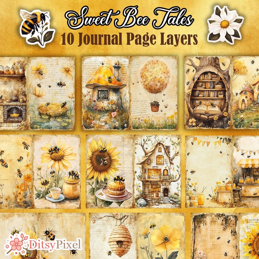 Sweet Bee Tales - Printable Bees Junk Journal Kit, Ephemera, Yellow ...