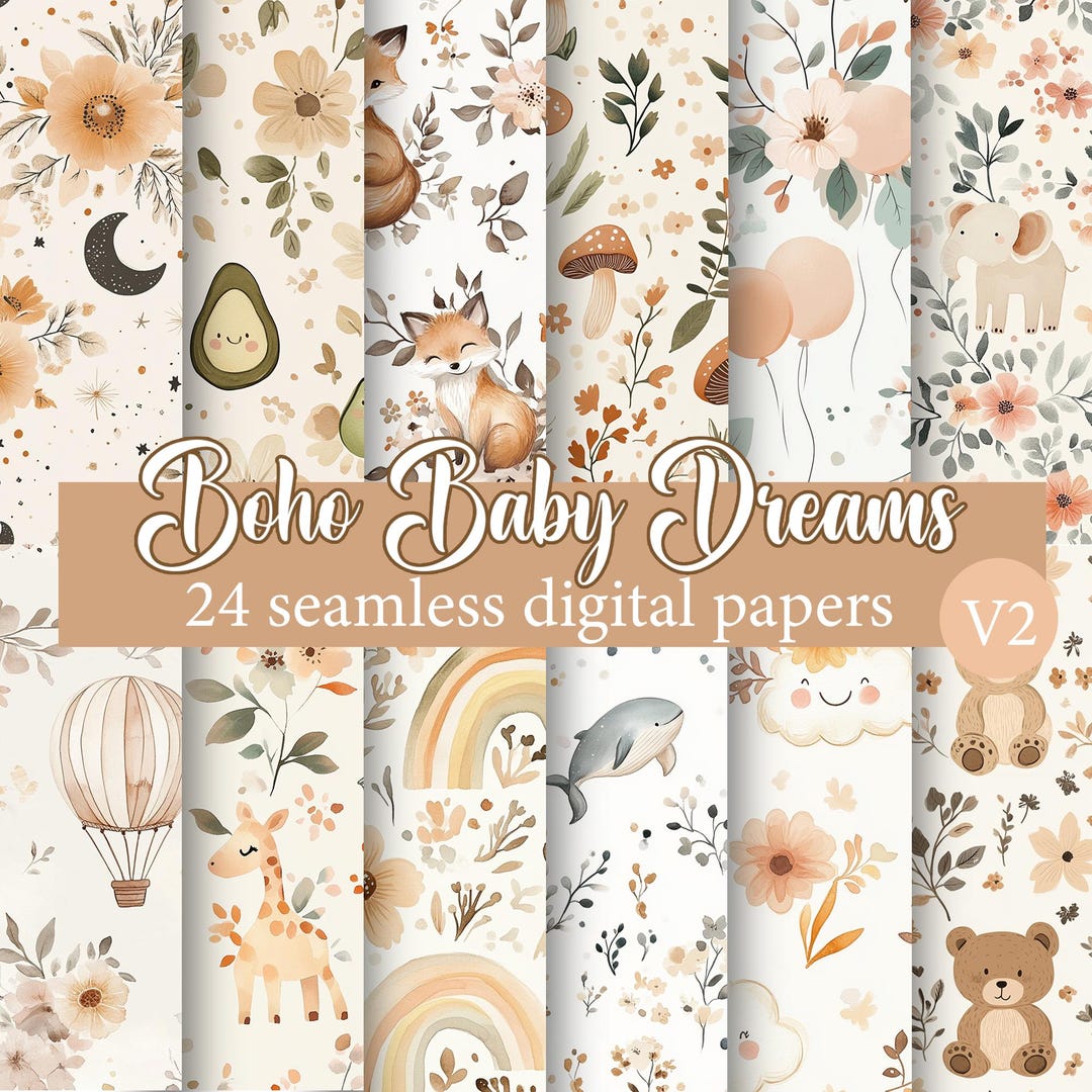 Boho Baby Dreams V2 - 24 Seamless Digital Paper Pack, Watercolour ...
