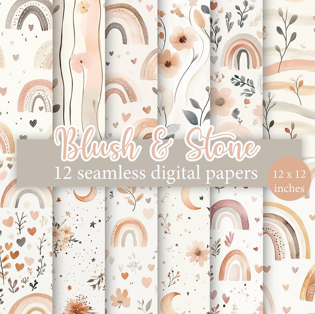 Blush & Stone - 12 Seamless Digital Paper Pack, Watercolour Neutral ...