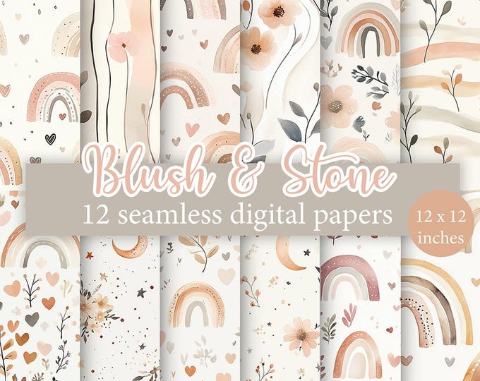 Blush & Stone - 12 Seamless Digital Paper Pack, Watercolour Neutral ...